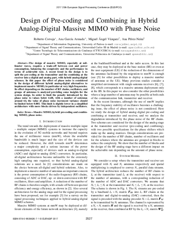 Pdf Design Of Pre Coding And Combining In Hybrid Analog Digital Massive Mimo With Phase Noise