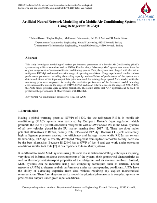 Pdf Artificial Neural Network Modelling Of A Mobile Air Conditioning System Using Refrigerant
