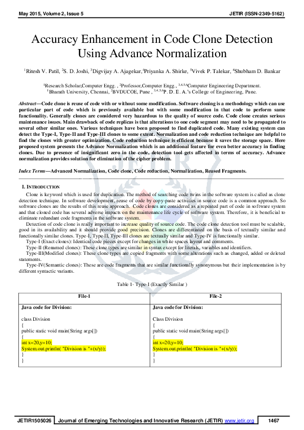 Pdf Accuracy Enhancement In Code Clone Detection Using Advance Normalization Shashank Patil