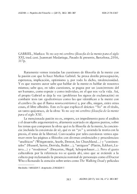 (PDF) GABRIEL, Markus: Yo no soy mi cerebro: filosofía de la mente para ...