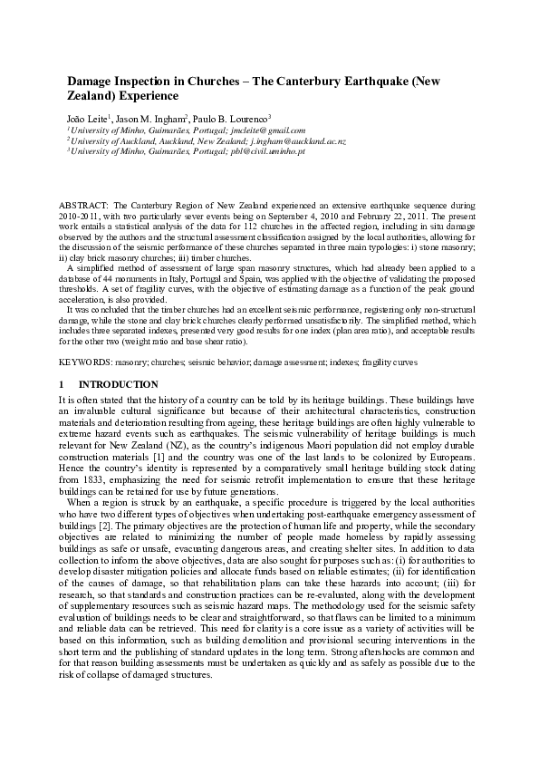 (PDF) Damage inspection in churches : the Canterbury Earthquake (New ...