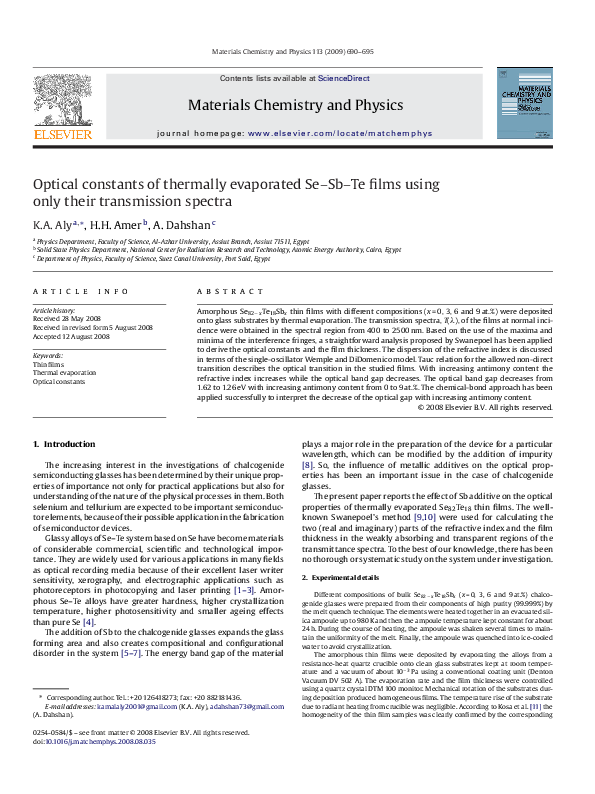 (PDF) Optical constants of thermally evaporated Se–Sb–Te films using ...