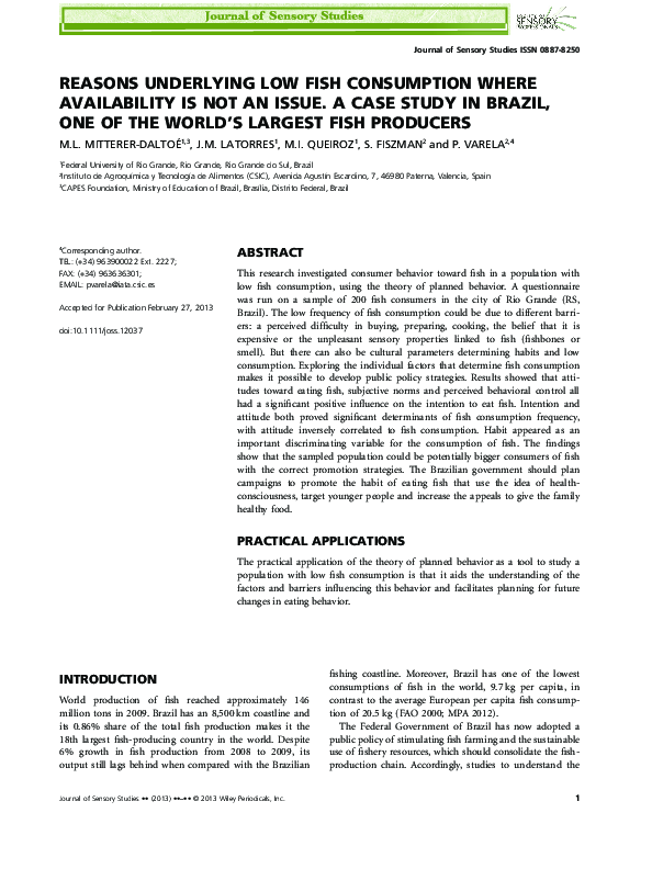 (PDF) Reasons Underlying Low Fish Consumption Where Availability Is Not ...