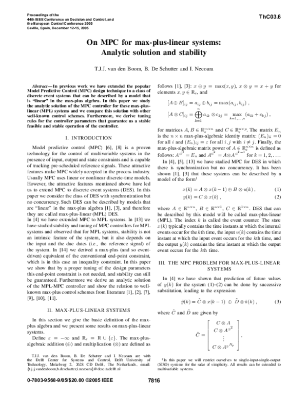 (PDF) On MPC for max-plus-linear systems: Analytic solution and stability