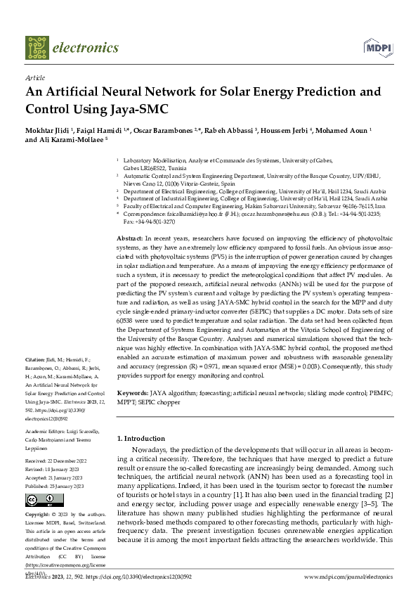 (PDF) An Artificial Neural Network for Solar Energy Prediction and Control Using Jaya-SMC