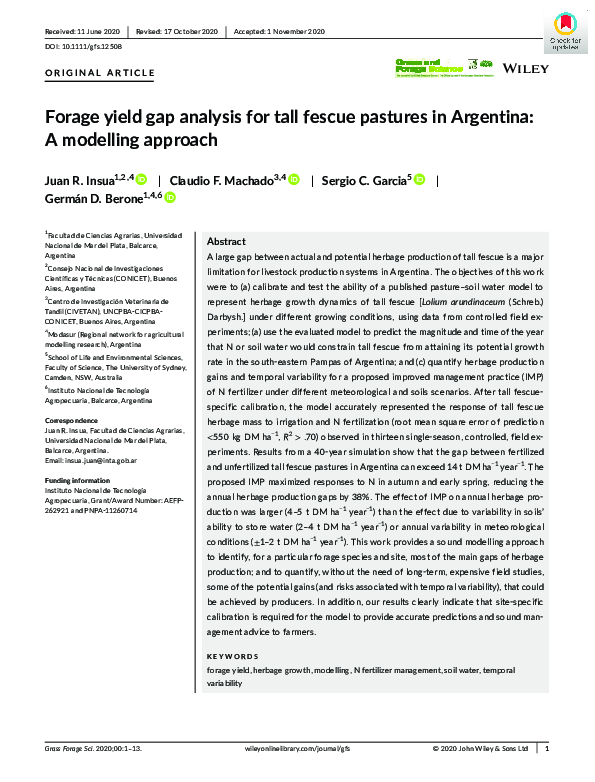 (PDF) Forage yield gap analysis for tall fescue pastures in Argentina: A modelling approach