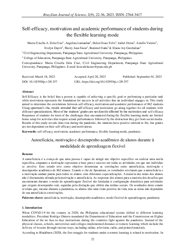 (PDF) Self-efficacy, motivation and academic performance of students during the flexible ...