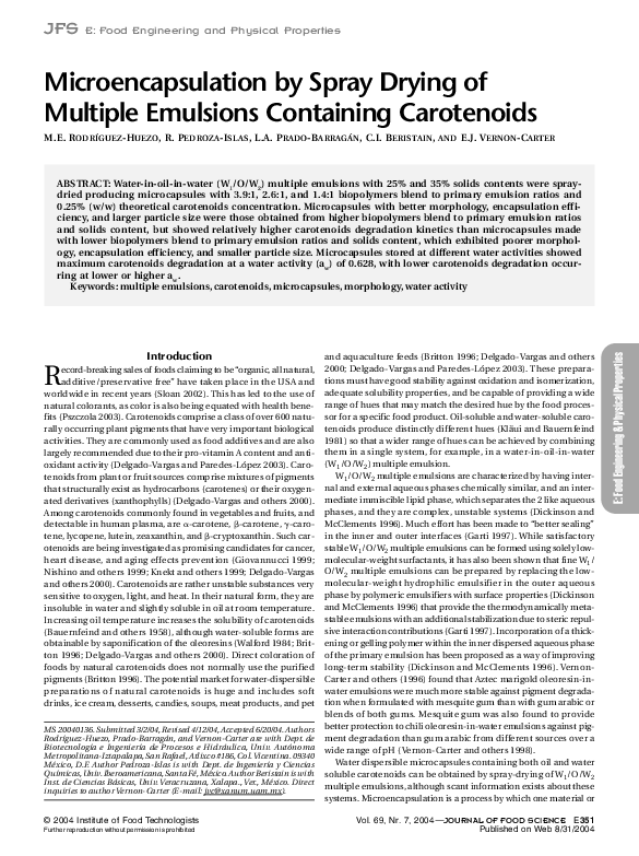 (PDF) Microencapsulation by Spray Drying of Multiple Emulsions Containing Carotenoids