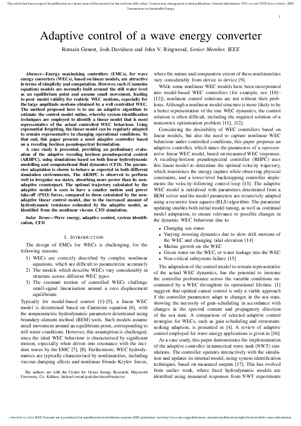 (PDF) Adaptive Control of a Wave Energy Converter