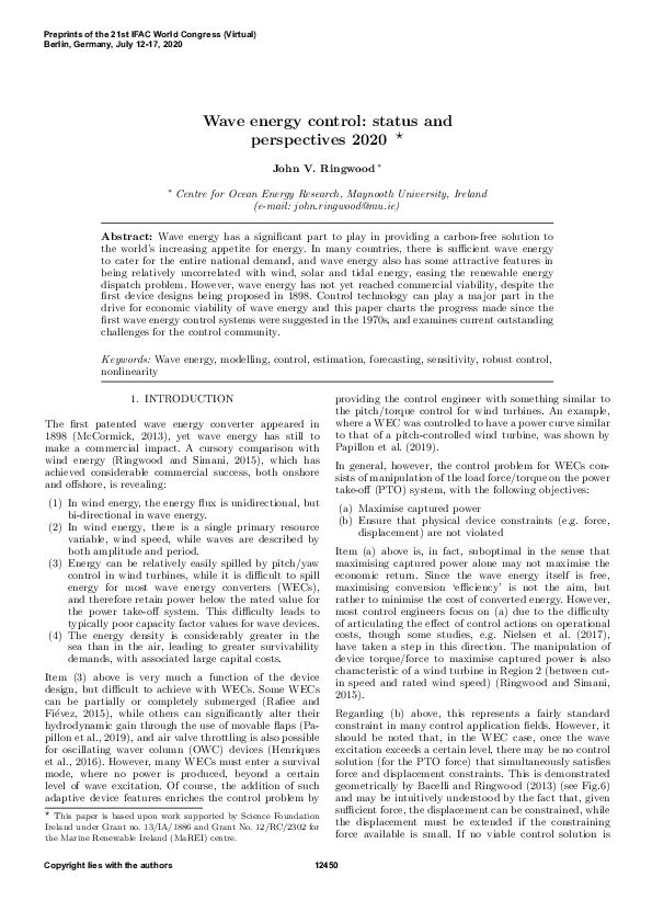 (PDF) Wave energy control: status and perspectives 2020 | John Ringwood ...