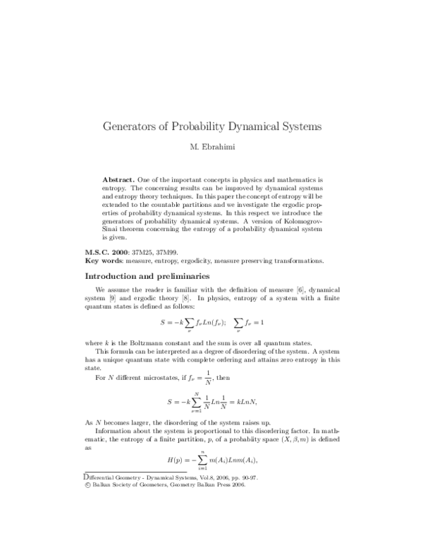 (PDF) Generators of Probability Dynamical Systems