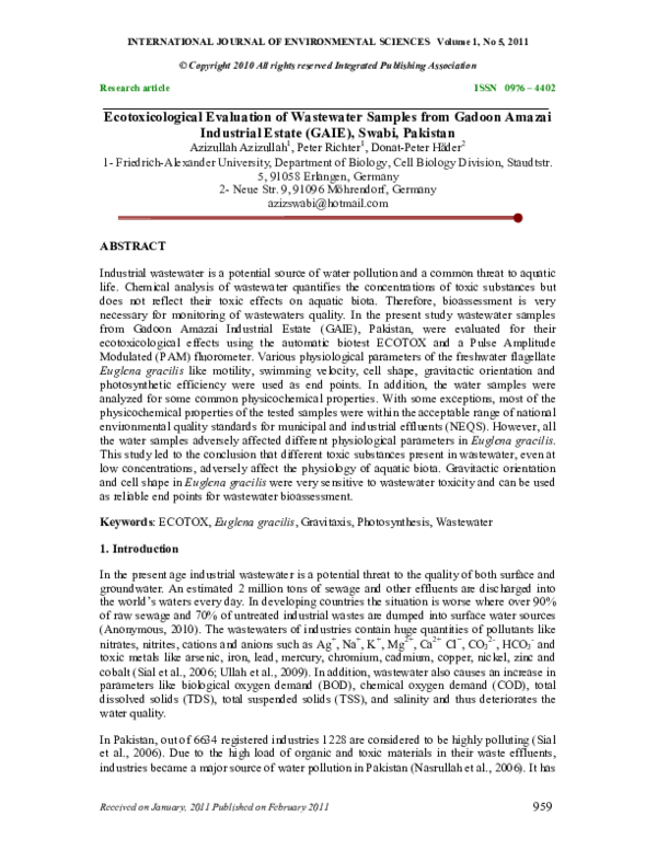 (PDF) Ecotoxicological Evaluation of Wastewater Samples from Gadoon ...
