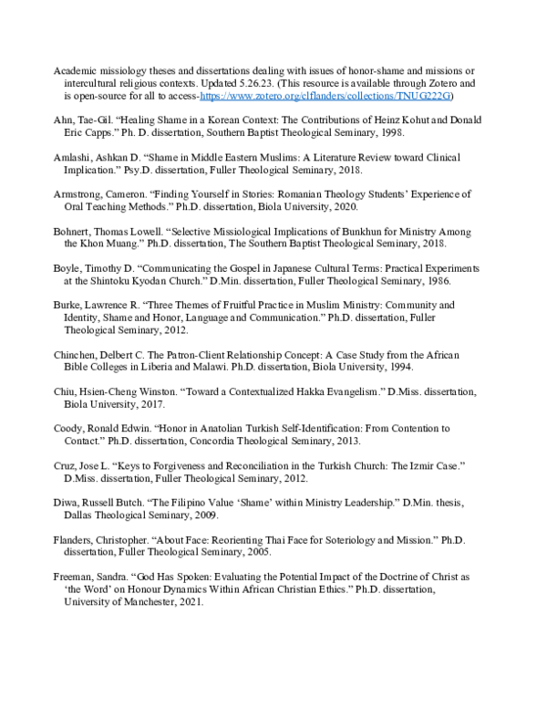 (DOC) Missiology Theses and Dissertations Dealing with Issues of Honor ...