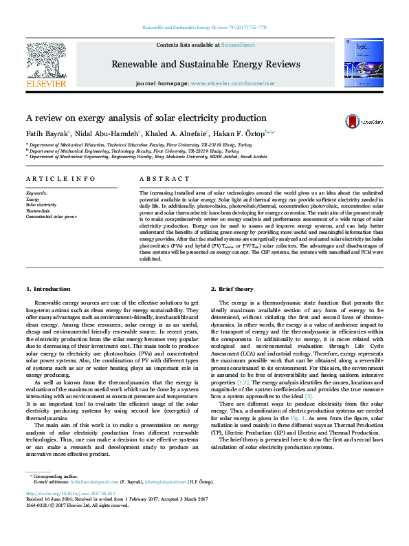 Pdf A Review On Exergy Analysis Of Solar Electricity Production