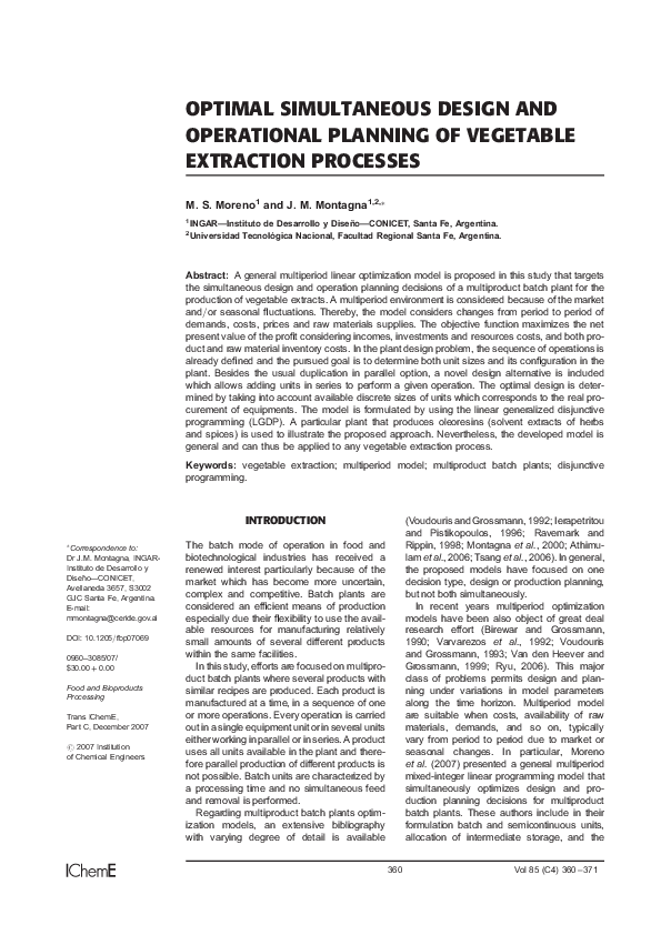 (PDF) Optimal Simultaneous Design and Operational Planning of Vegetable Extraction Processes