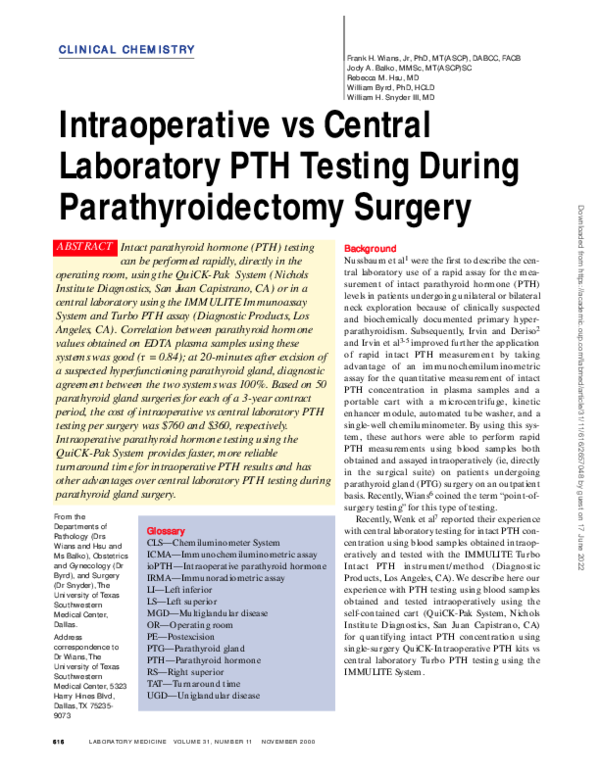 (PDF) Intraoperative vs Central Laboratory PTH Testing During ...