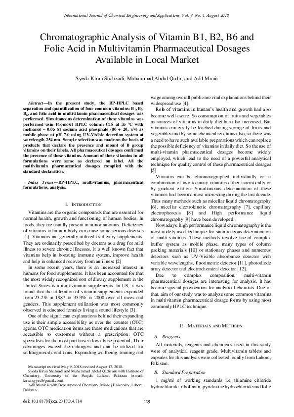 (PDF) Chromatographic Analysis of Vitamin B1, B2, B6 and Folic Acid in ...