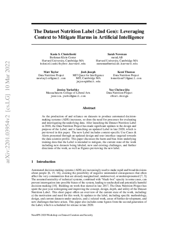 (PDF) The Dataset Nutrition Label (2nd Gen): Leveraging Context to ...