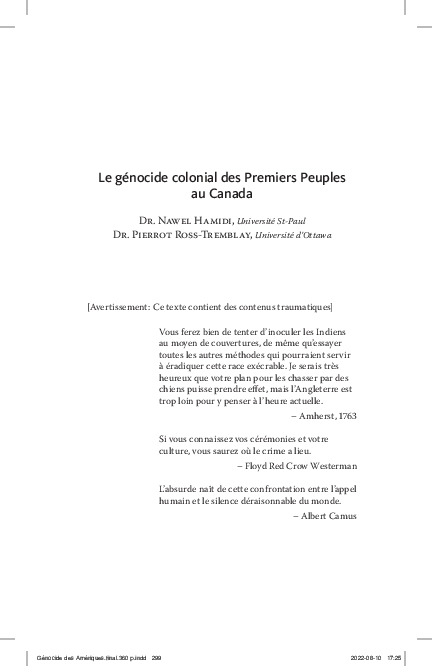 (PDF) Le génocide colonial des Premiers Peuples au Canada