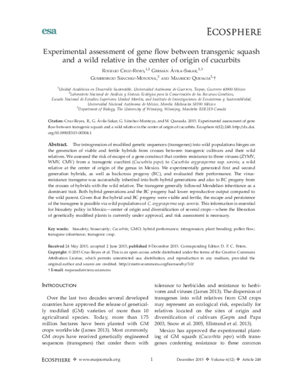 (PDF) Experimental assessment of gene flow between transgenic squash and a wild relative in the ...