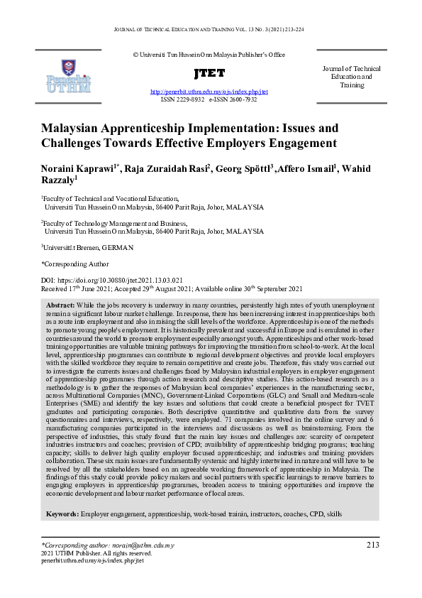 (PDF) Malaysian Apprenticeship Implementation: Issues and Challenges Towards Effective Employers ...