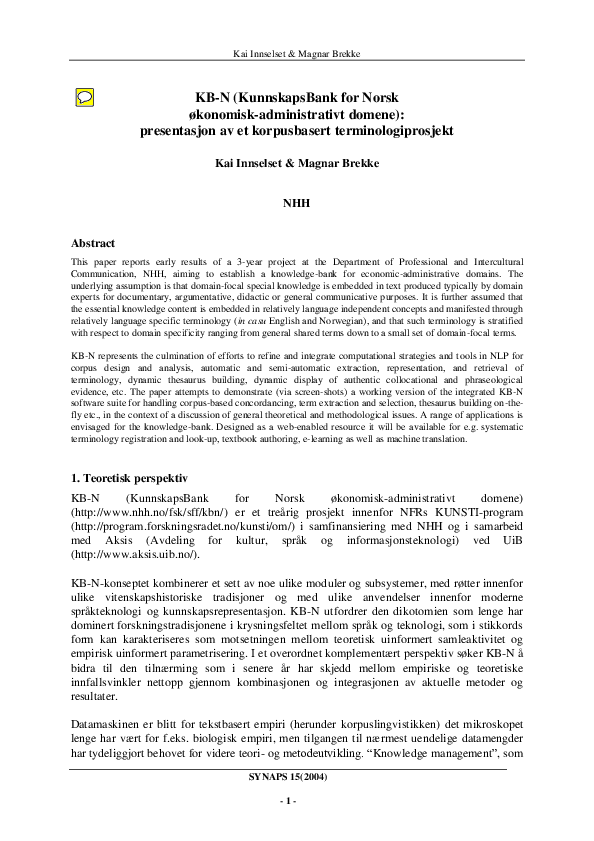 (PDF) KB-N (KunnskapsBank for Norsk økonomisk-administrativt domene): presentasjon av et ...