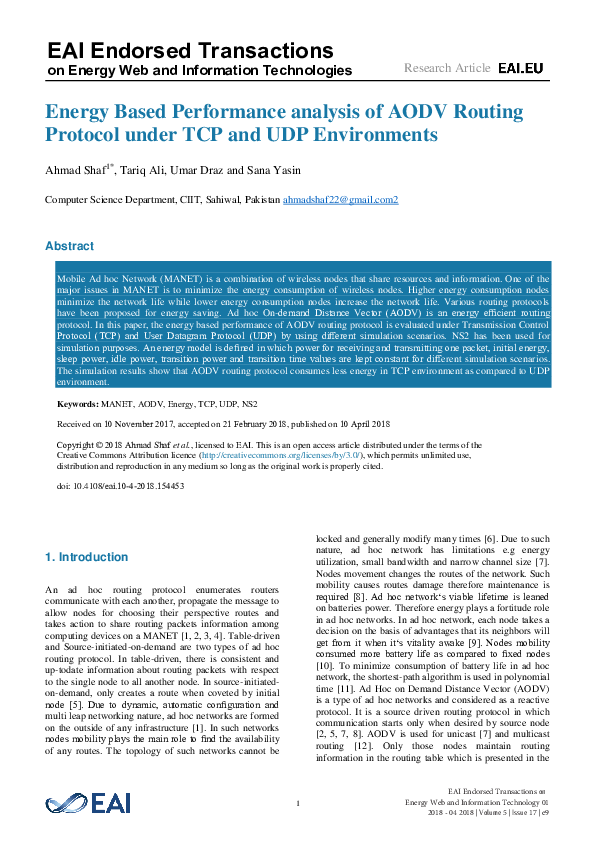 (PDF) Energy Based Performance analysis of AODV Routing Protocol under TCP and UDP Environments