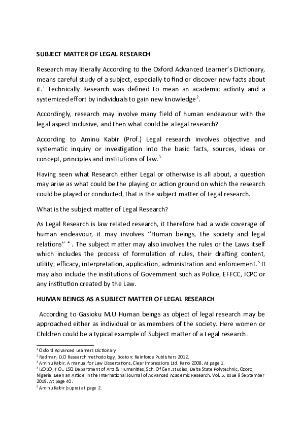 (DOC) SUBJECT MATTER OF LEGAL RESEARCH