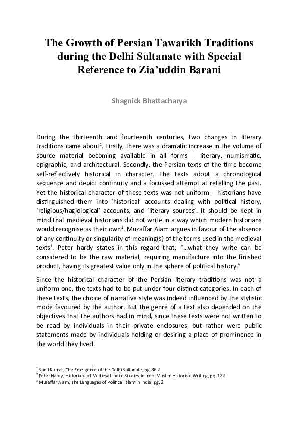 (DOC) The Growth of Persian Tawarikh Traditions during the Delhi Sultanate with Special ...