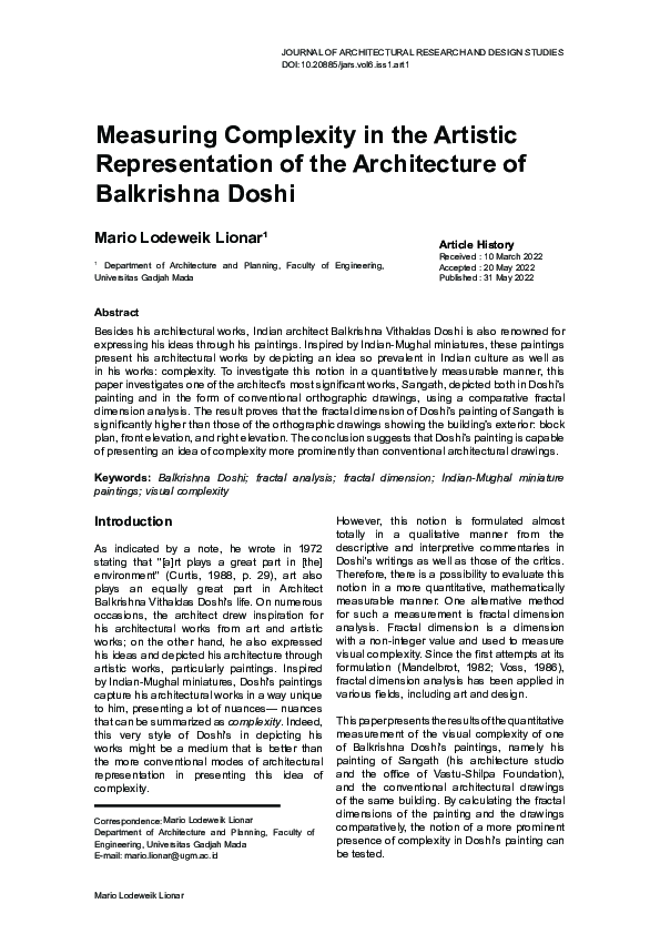 (PDF) Measuring Complexity in the Artistic Representation of the Architecture of Balkrishna Doshi