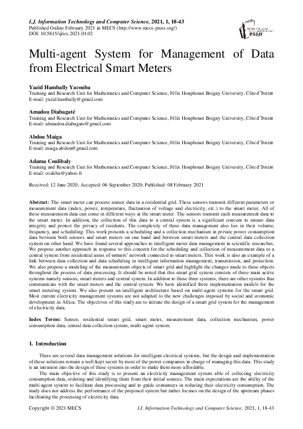 (PDF) Multi-agent System for Management of Data from Electrical Smart Meters