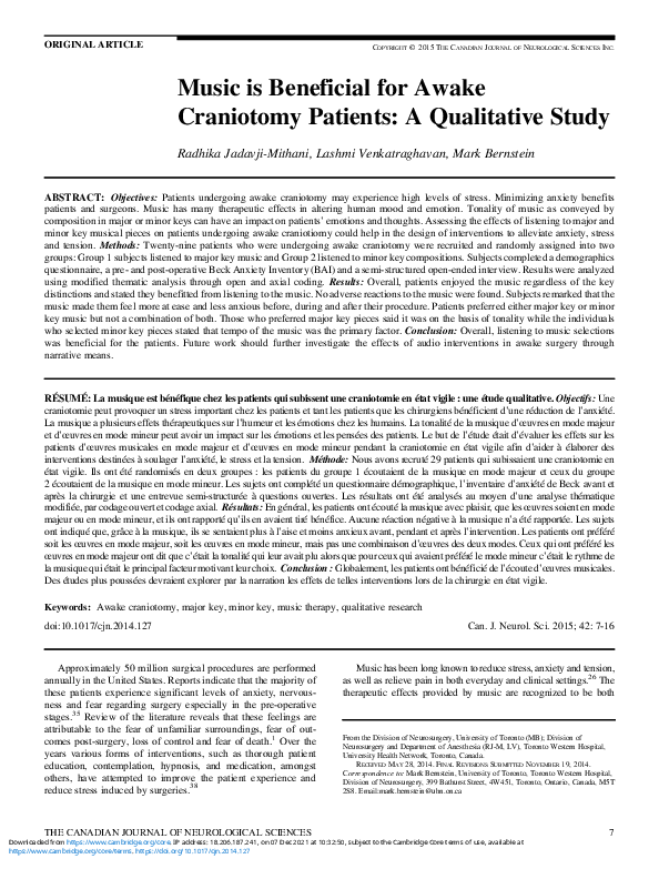 (PDF) Music is Beneficial for Awake Craniotomy Patients: A Qualitative Study