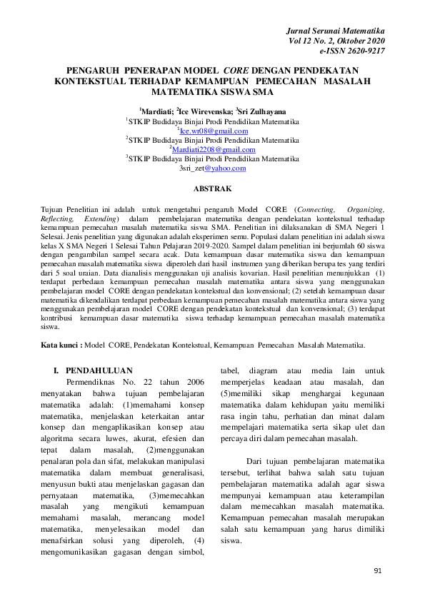 (PDF) Pengaruh Penerapan Model Core Dengan Pendekatan Kontekstual Terhadap Kemampuan Pemecahan ...