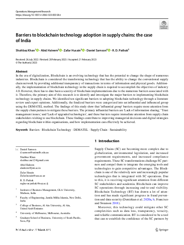 (PDF) Barriers to blockchain technology adoption in supply chains: the case of India