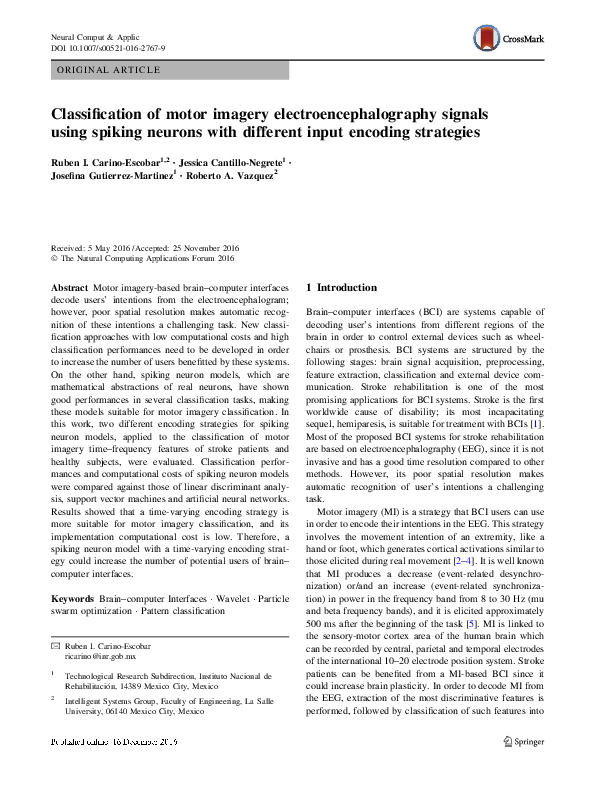 (PDF) Classification of motor imagery electroencephalography signals using spiking neurons with ...