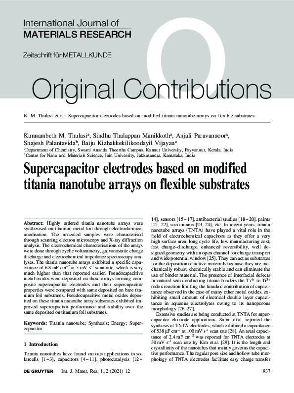 Pdf Supercapacitor Electrodes Based On Modified Titania Nanotube Arrays On Flexible Substrates