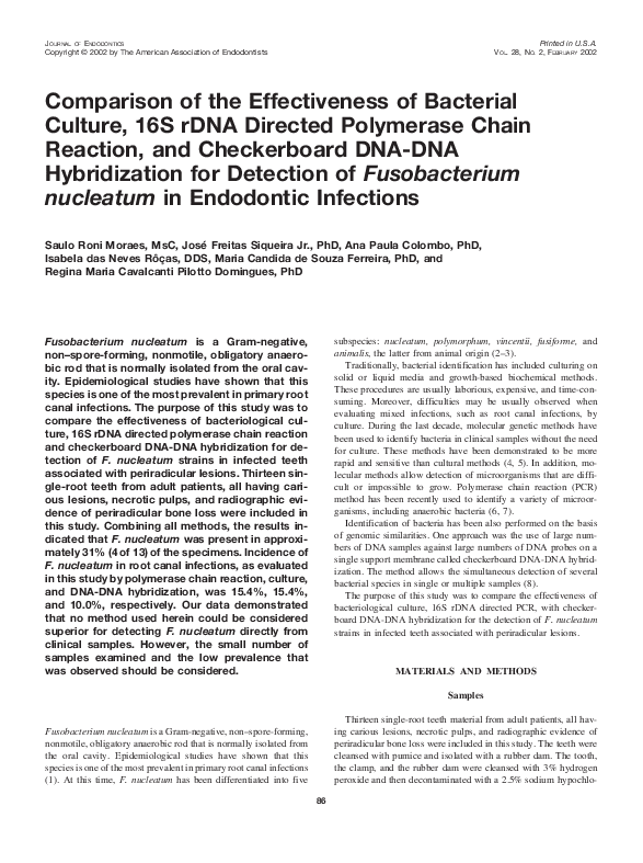 (PDF) Comparison of the Effectiveness of Bacterial Culture, 16S rDNA Directed Polymerase Chain ...