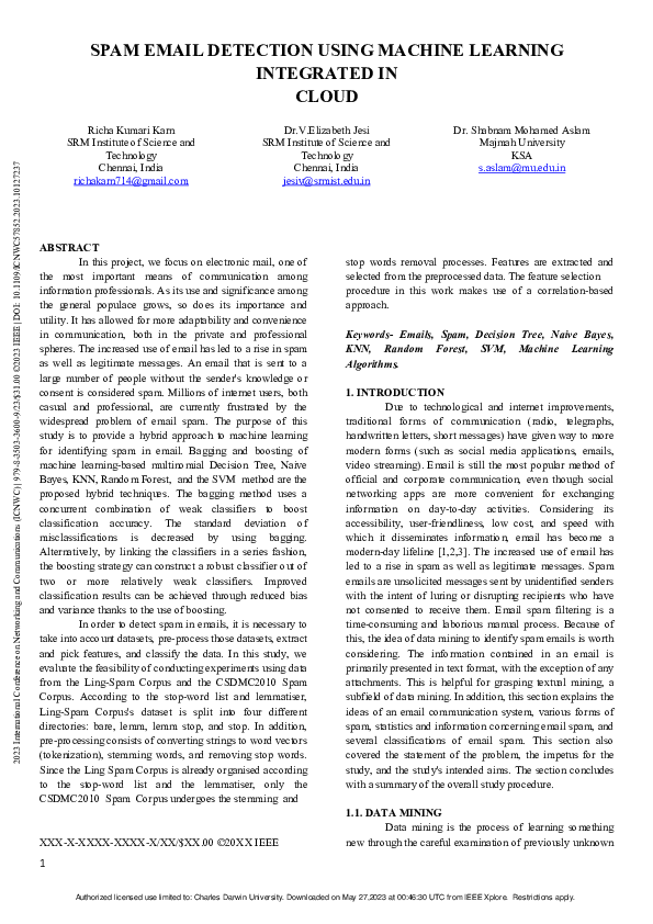 (PDF) SPAM EMAIL DETECTION USING MACHINE LEARNING INTEGRATED IN CLOUD