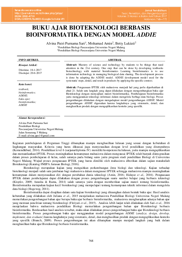 (PDF) Buku Ajar Bioteknologi Berbasis Bioinformatika Dengan Model Addie