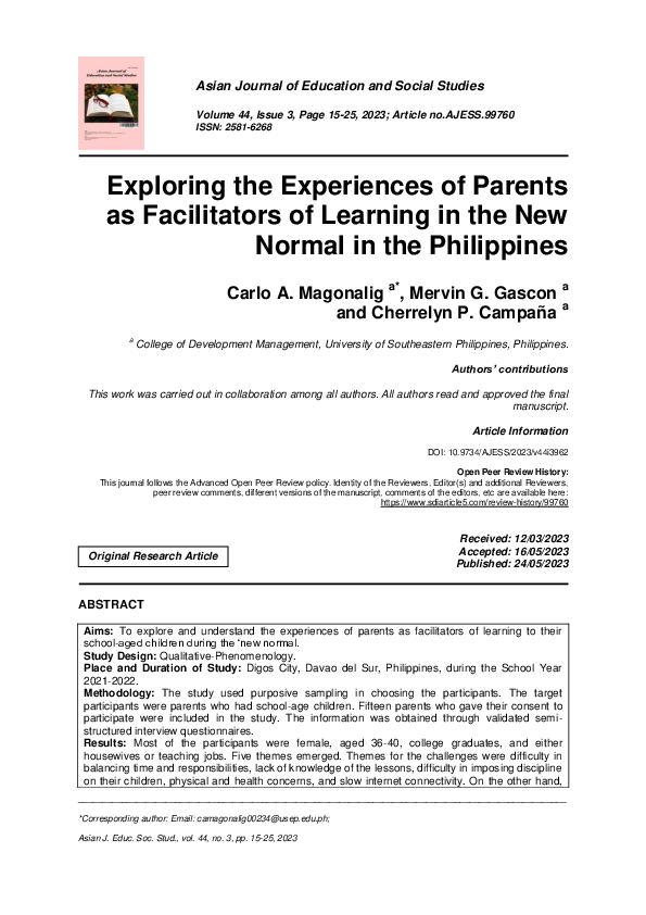 (PDF) Exploring the Experiences of Parents as Facilitators of Learning in the New Normal in the ...