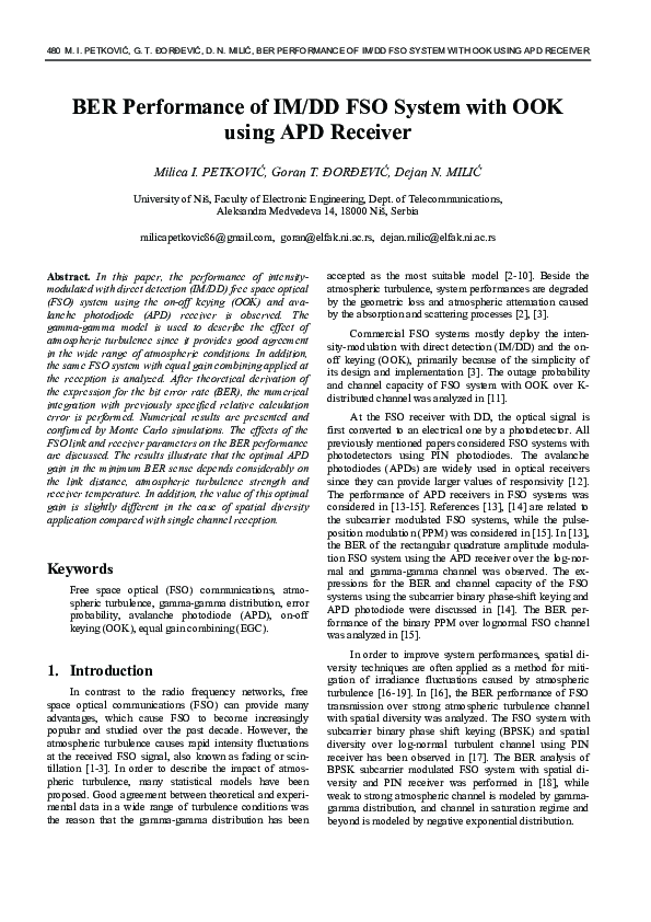 (PDF) BER Performance of IM/DD FSO System with OOK using APD Receiver ...