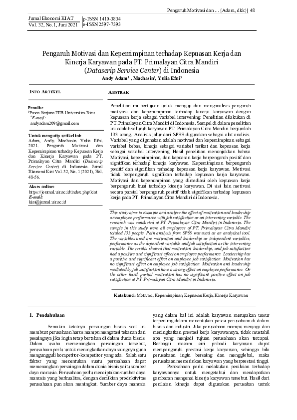 (PDF) Pengaruh Motivasi Dan Kepemimpinan Terhadap Kinerja Karyawan Pada PT. Gatama Prima Jasa