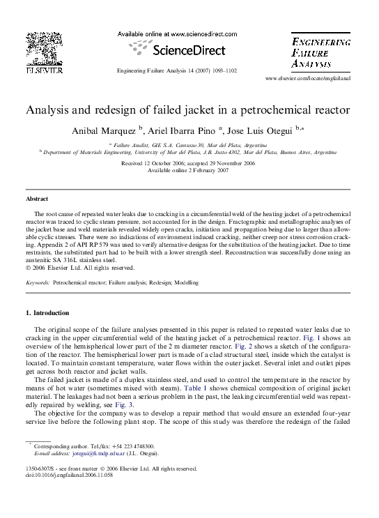 (PDF) Analysis and redesign of failed jacket in a petrochemical reactor