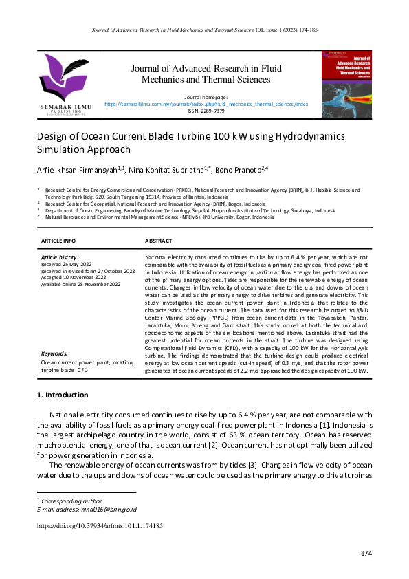 (PDF) Design of Ocean Current Blade Turbine 100 kW using Hydrodynamics ...
