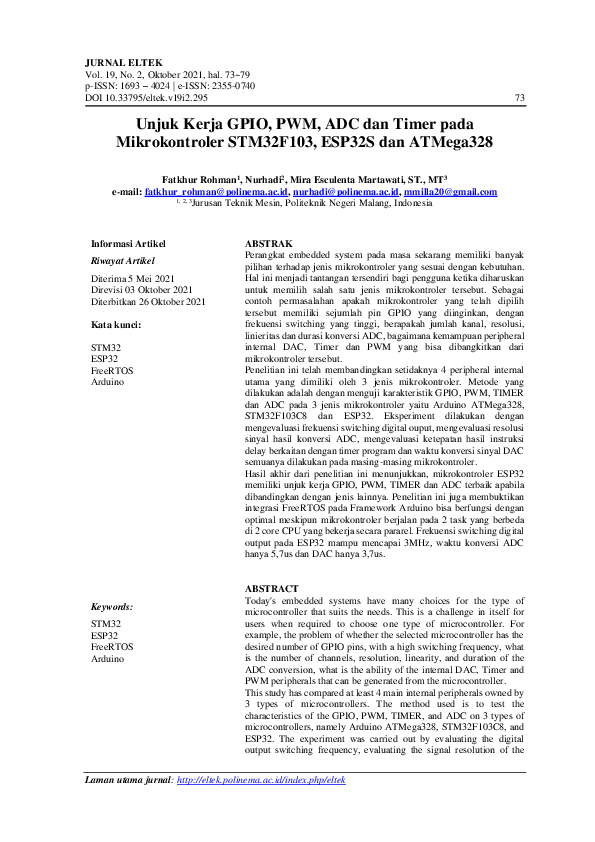 Pdf Unjuk Kerja Gpio Pwm Adc Dan Timer Pada Mikrokontroler Stm32f103 Esp32s Dan Atmega328