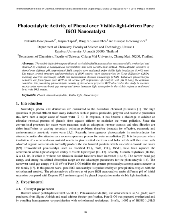 (PDF) Photocatalytic Degradation of Phenol over Highly Visible-Light Active BiOI/TiO2 ...
