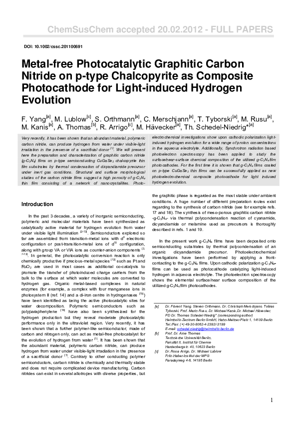 (PDF) Metal‐Free Photocatalytic Graphitic Carbon Nitride on p‐Type Chalcopyrite as a Composite ...