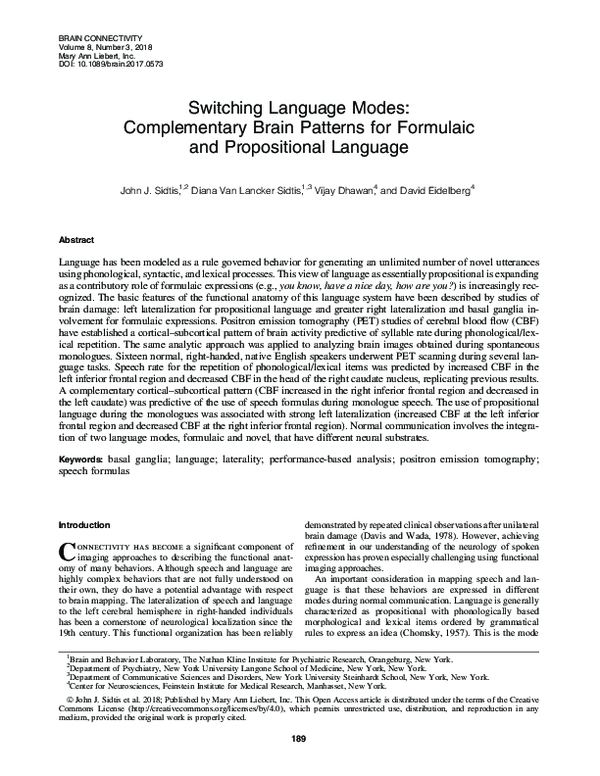 (PDF) Switching Language Modes: Complementary Brain Patterns for Formulaic and Propositional ...