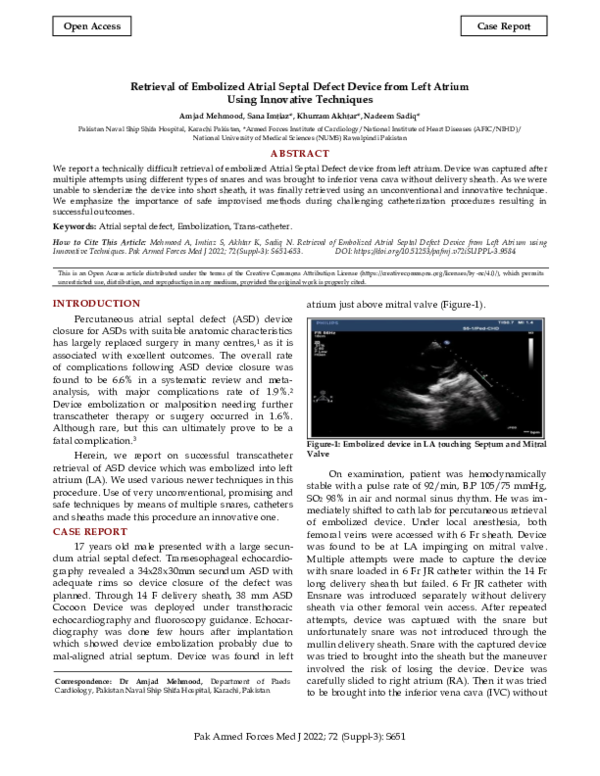 (PDF) Retrieval of Embolized Atrial Septal Defect Device from Left ...