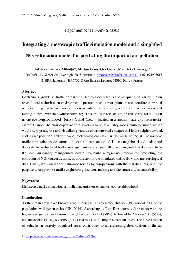 Pdf Integrating A Mesoscopic Traffic Simulation Model And A Simplified No 2 Estimation Model